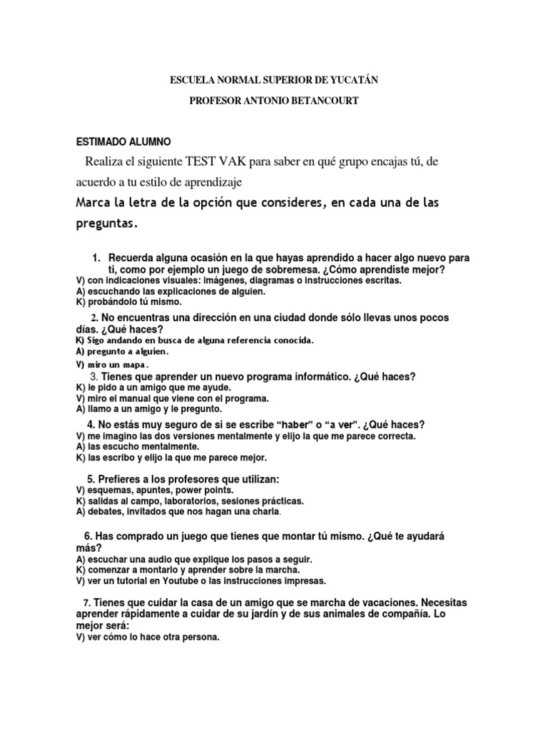 Test VAK | PDF | Aprendizaje | Ocio