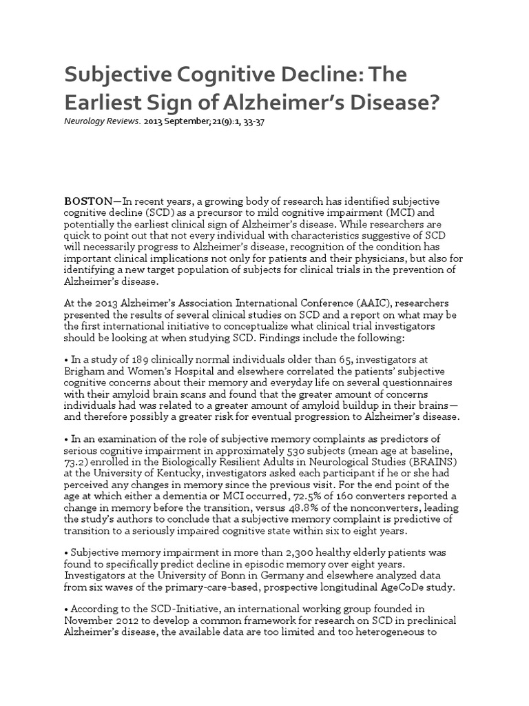 Subjective Cognitive Decline | PDF | Alzheimer's Disease | Dementia