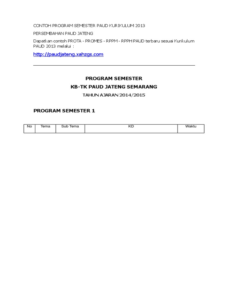 Contoh Program Semester PAUD Kurikulum 2013 | PDF