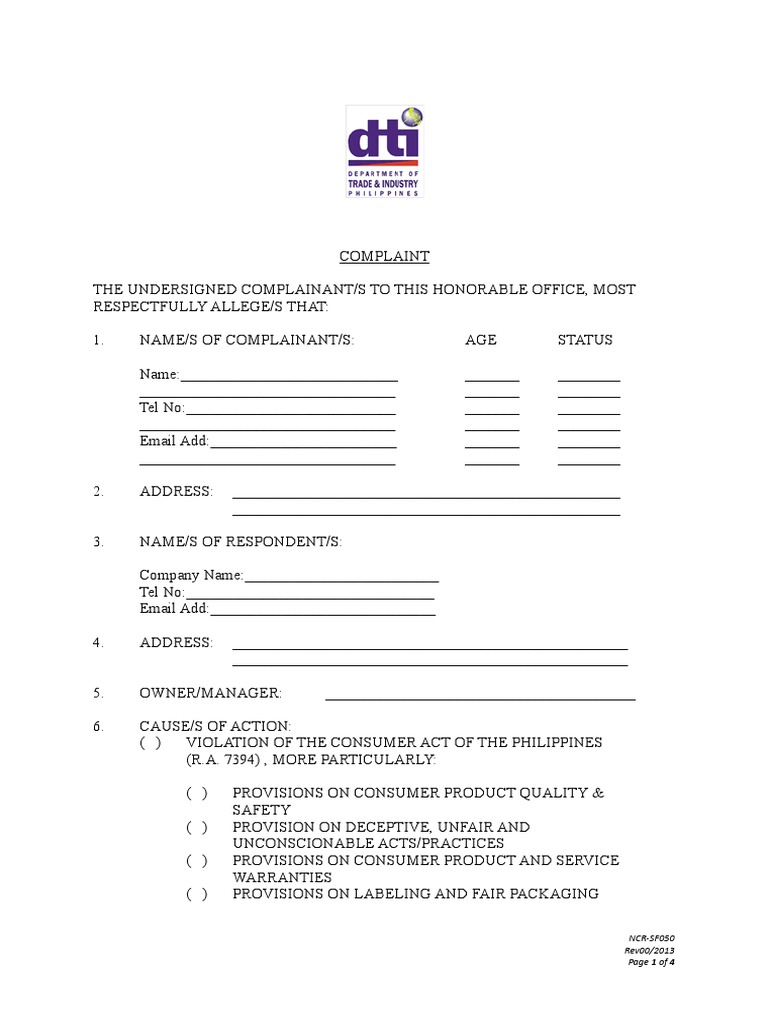 40 NCR-SF050 - Complaint Form | PDF | Government Information | Justice