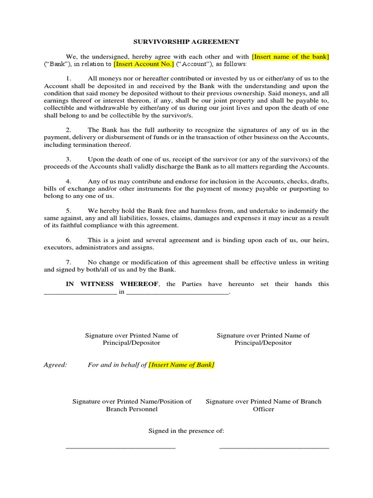 Survivorship Agreement | PDF | Concurrent Estate | Signature