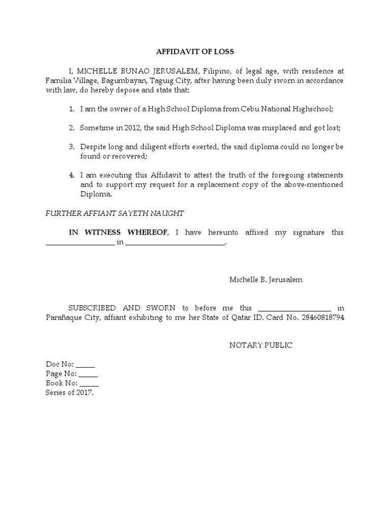 Affidavit of Loss: Further Affiant Sayeth Naught | PDF | Affidavit ...