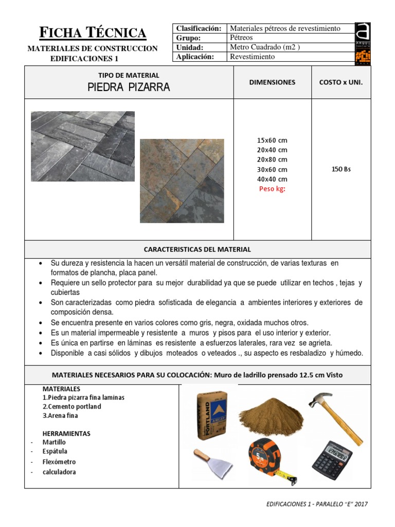 Piedra Pizarra Ficha Tecnica | Materiales de construcción | Cemento
