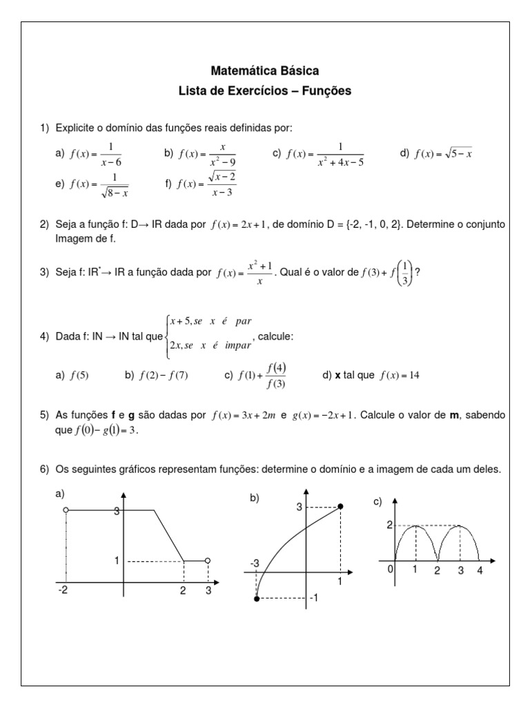 Lista 1 | Domínio de uma Função | Função (Matemática)