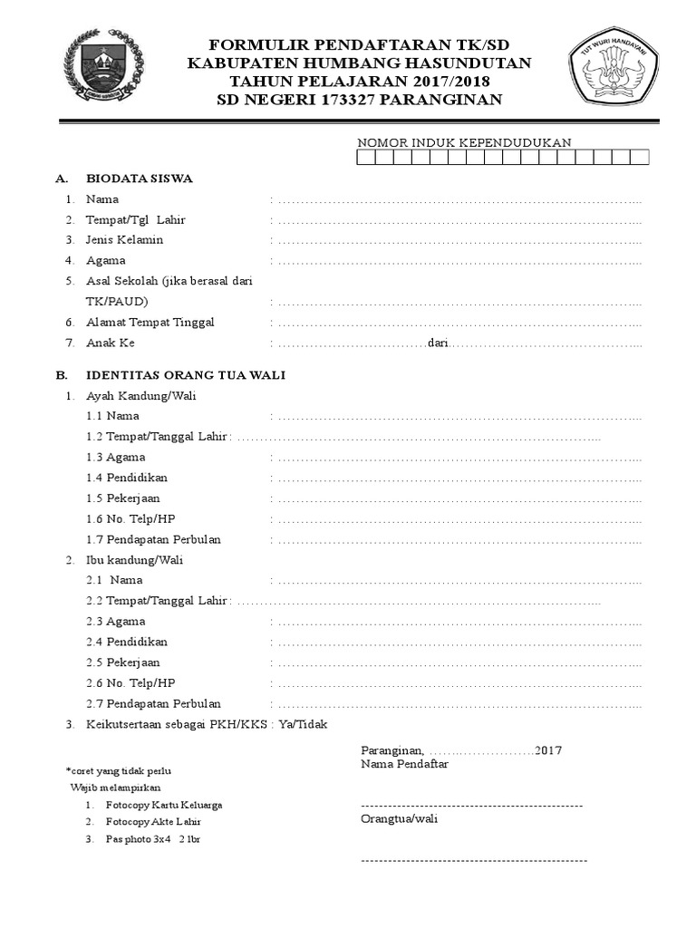 Formulir Pendaftaran Siswa Baru | PDF