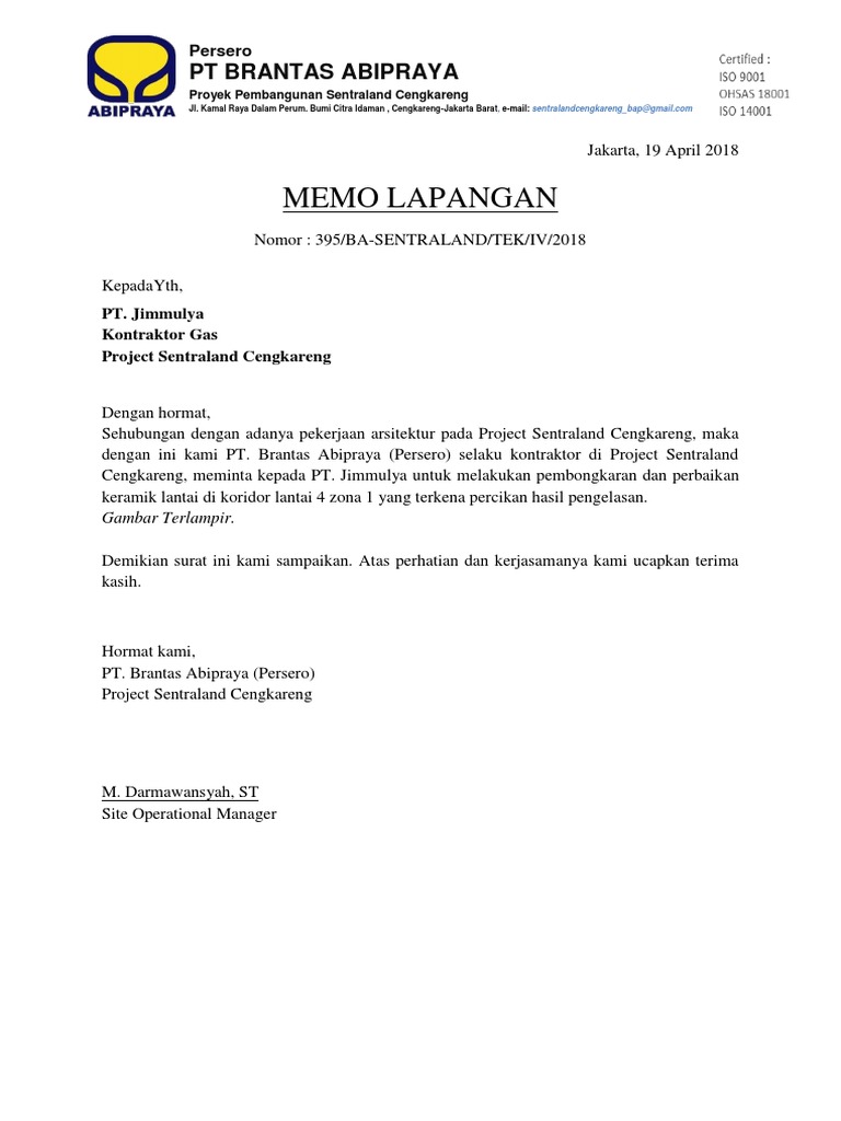 Memo Lapangan Proyek Sentraland Cengkareng | PDF | Karier ...