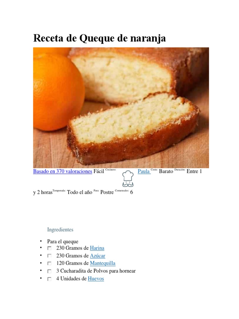 Receta Queque Naranja 40g | PDF | Postres | Alimentos