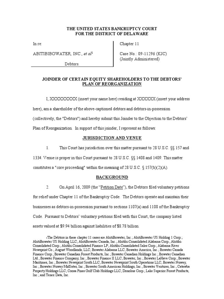 Joinder Template PDF Chapter 11 Bankruptcy In The United States