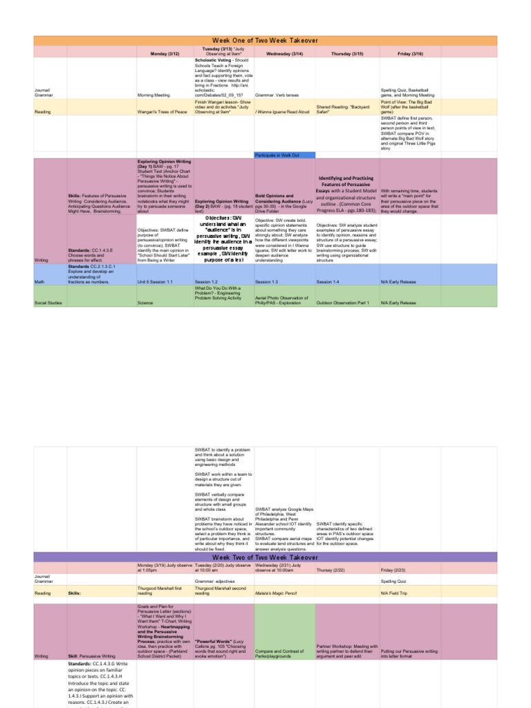 Two Week Takeover Timeline - JC Classroom - Specific Subject Plan | PDF ...