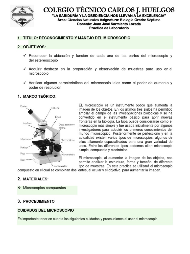 Hojas De Trabajo Sobre Microscopio Para La Escuela Secundaria MANUAL