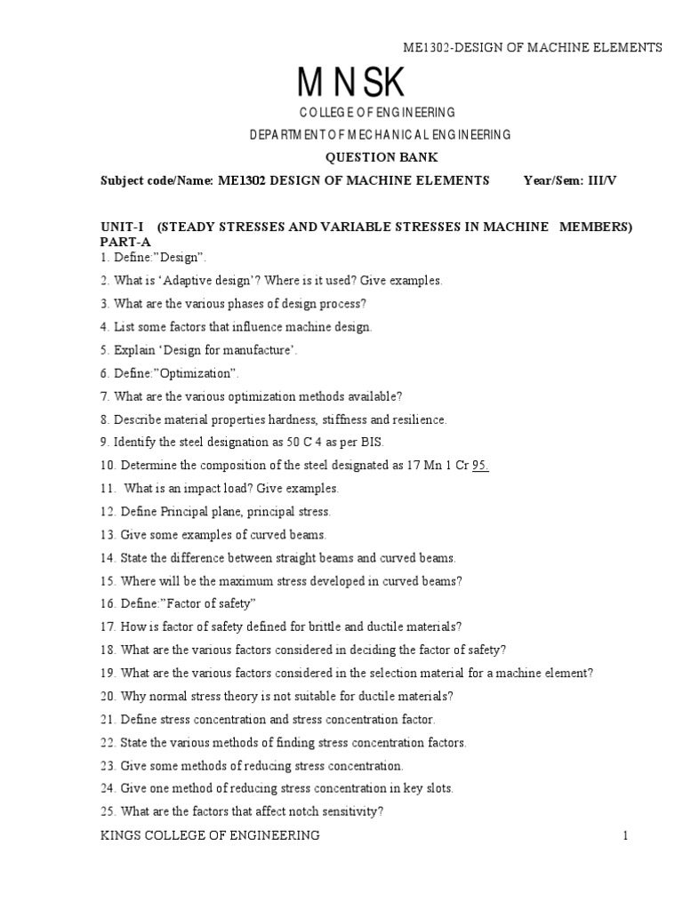 ME1302 Design Machine Elements Question Bank | PDF | Strength Of ...
