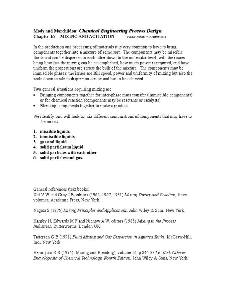 Chemical Engineering Process Design: Mody and Marchildon: Chapter 16 Mixing and Agitation | PDF ...