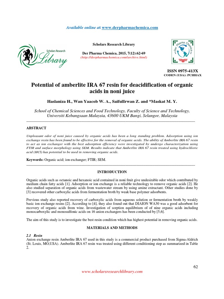 Amberlite IRA 67 for Noni Juice Deacidification | PDF | Amine | Amide