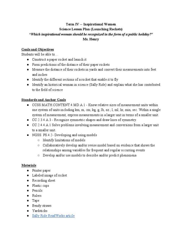 Women in Science Lesson Plan | PDF | Rocket | Teachers