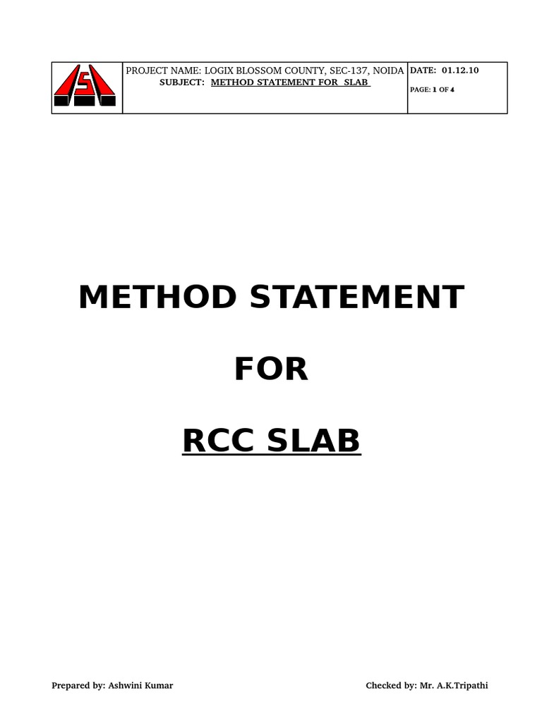 RCC Slab Method Statement for Noida Project | PDF | Concrete | Civil ...