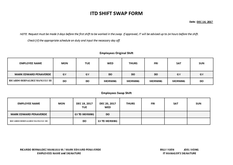 ITD Swap Shift Form | PDF