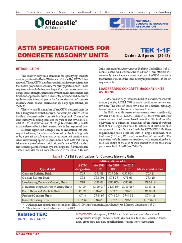 Astm Specifications For Concrete Masonry Units: TEK 1-1F | PDF | Brick ...