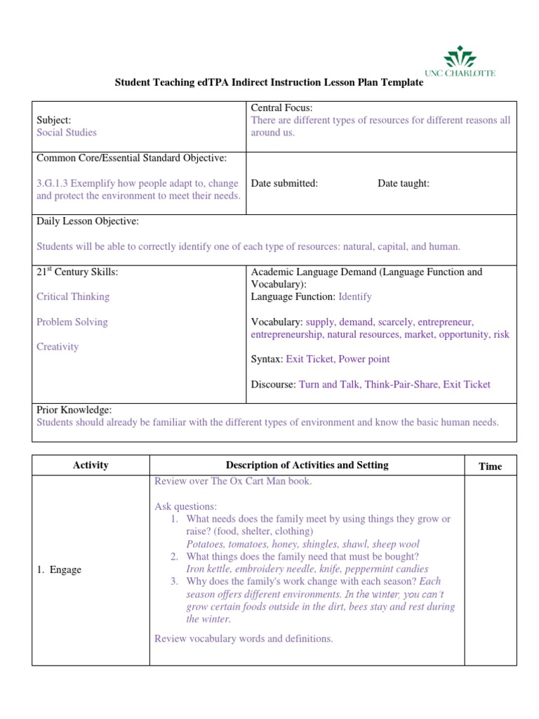 Student Teaching Edtpa Indirect Instruction Lesson Plan Template | PDF ...