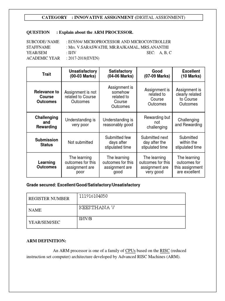 Digital Assignment 1 | PDF | Arm Architecture | Microprocessor