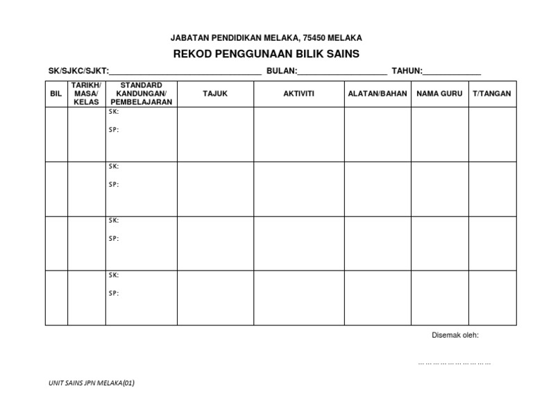 Rekod Penggunaan Bilik Sains | PDF