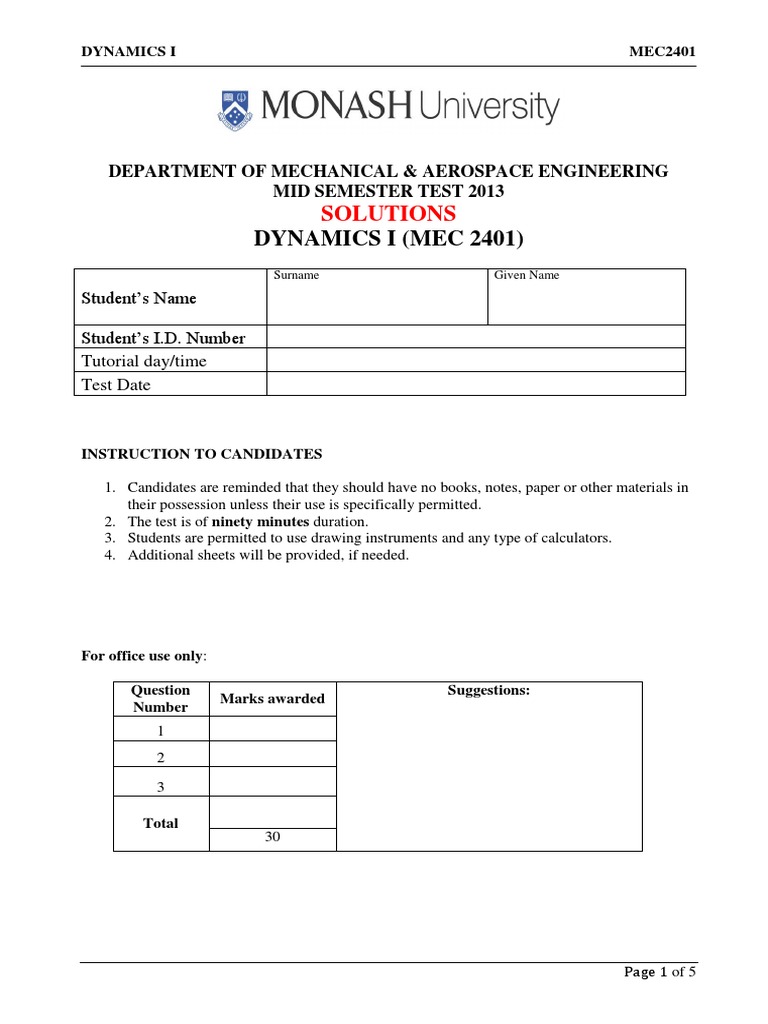 MEC2401 Dynamics Test Solutions | PDF | Velocity | Acceleration