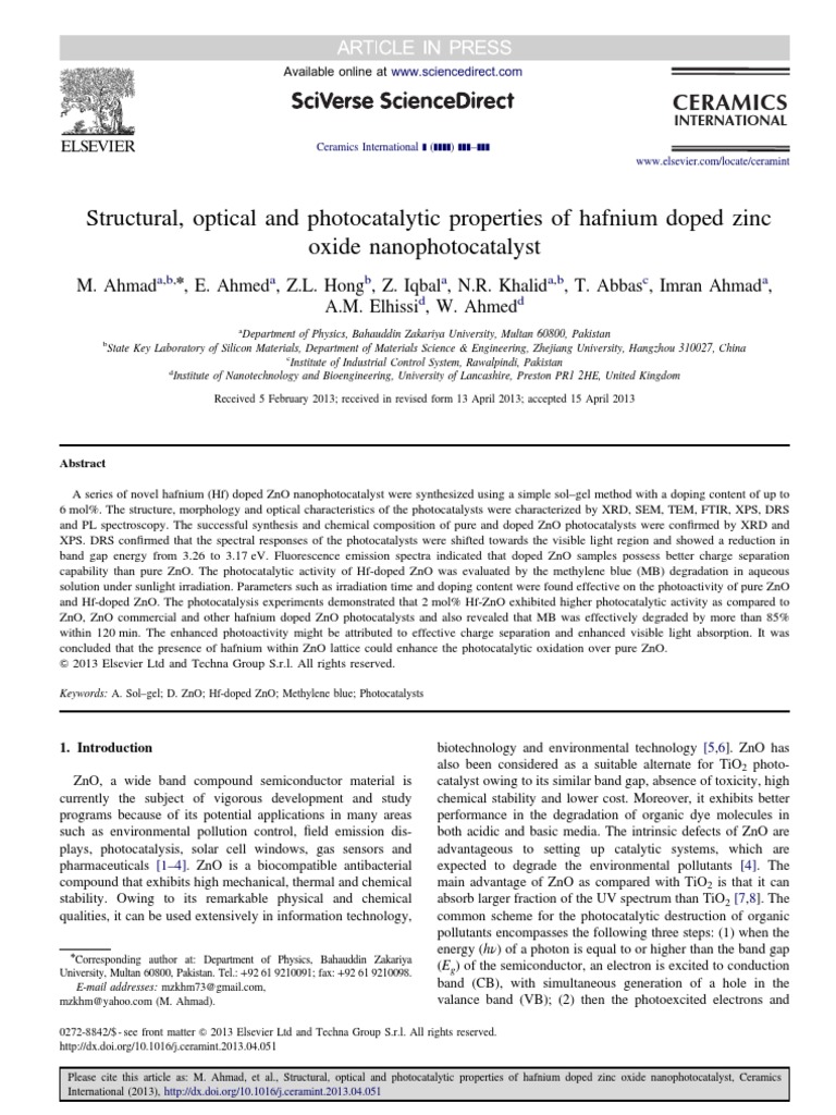 Structural, Optical and Photocatalytic Properties of Hafnium Doped Zinc ...