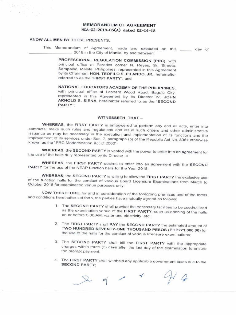 Moa#2018-05 (A) PRC and Neap Lease of Venue For Exams 2018 | PDF