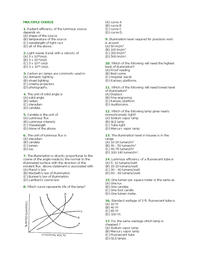 Illumination Multiple Choice Questions | PDF | Incandescent Light Bulb ...