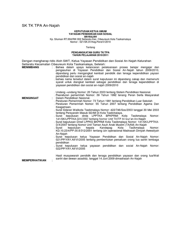 Contoh SK TK Tpa | PDF