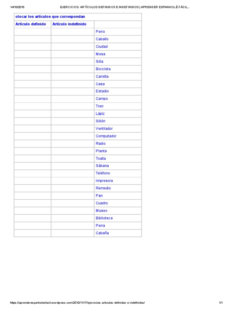Ejercicios_ Artículos Definidos e Indefinidos _ Aprender Espanhol é ...