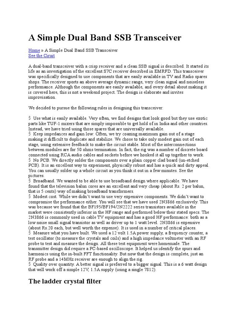 A Simple Dual Band SSB Transceiver | PDF | Field Effect Transistor ...
