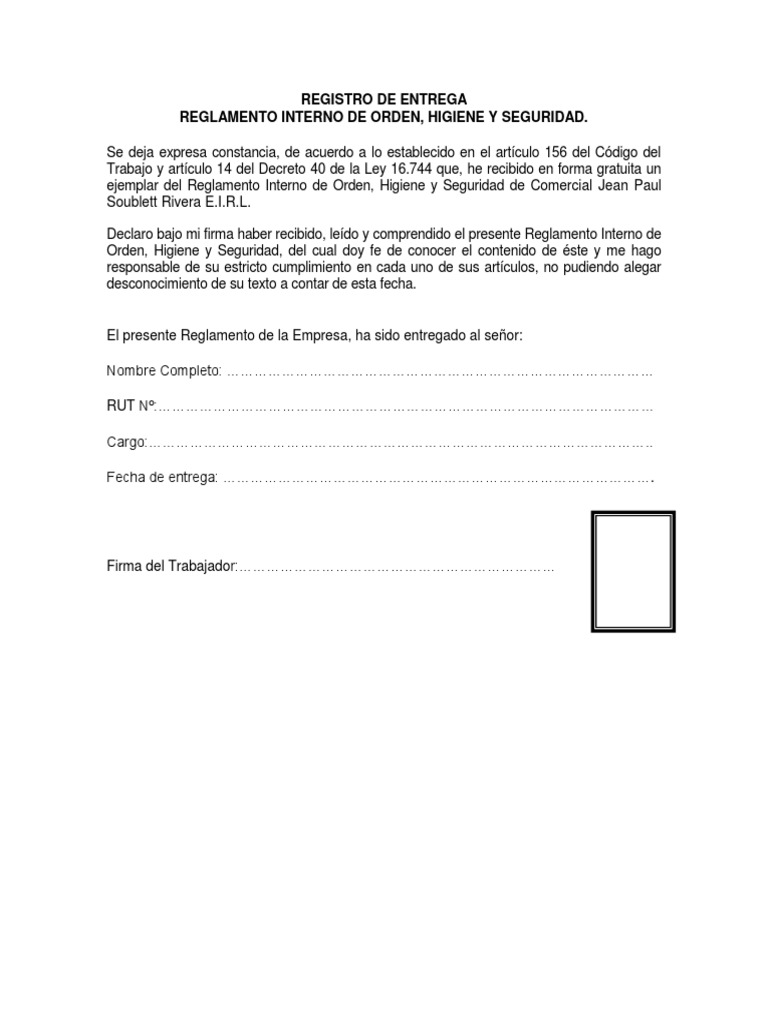 Registro Entrega de Reglamento Interno | PDF