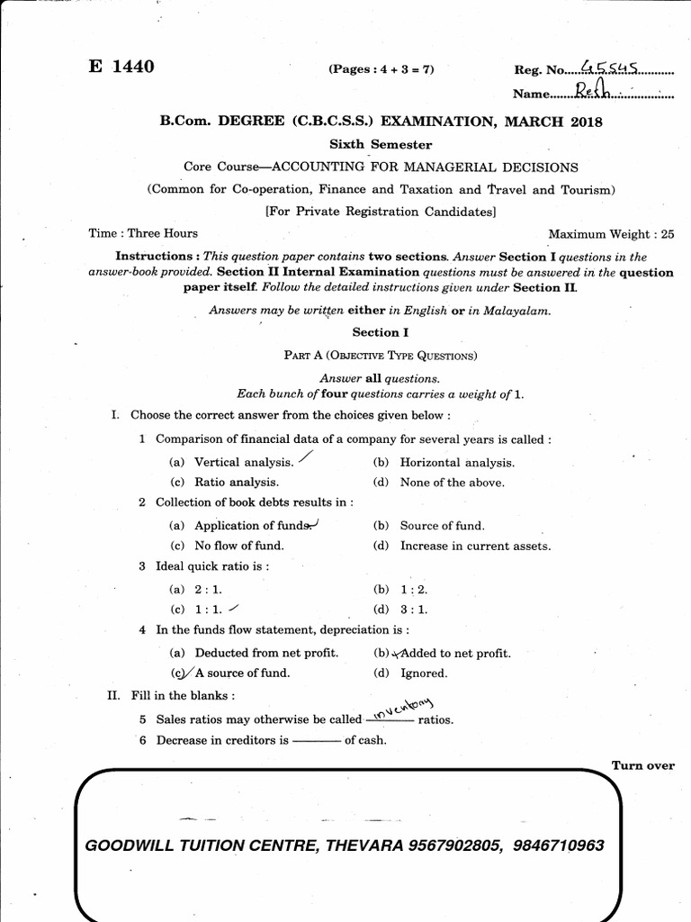 CBCSS March 2018 Sixth Sem Accounting For Managerial Decisions QUESTION ...