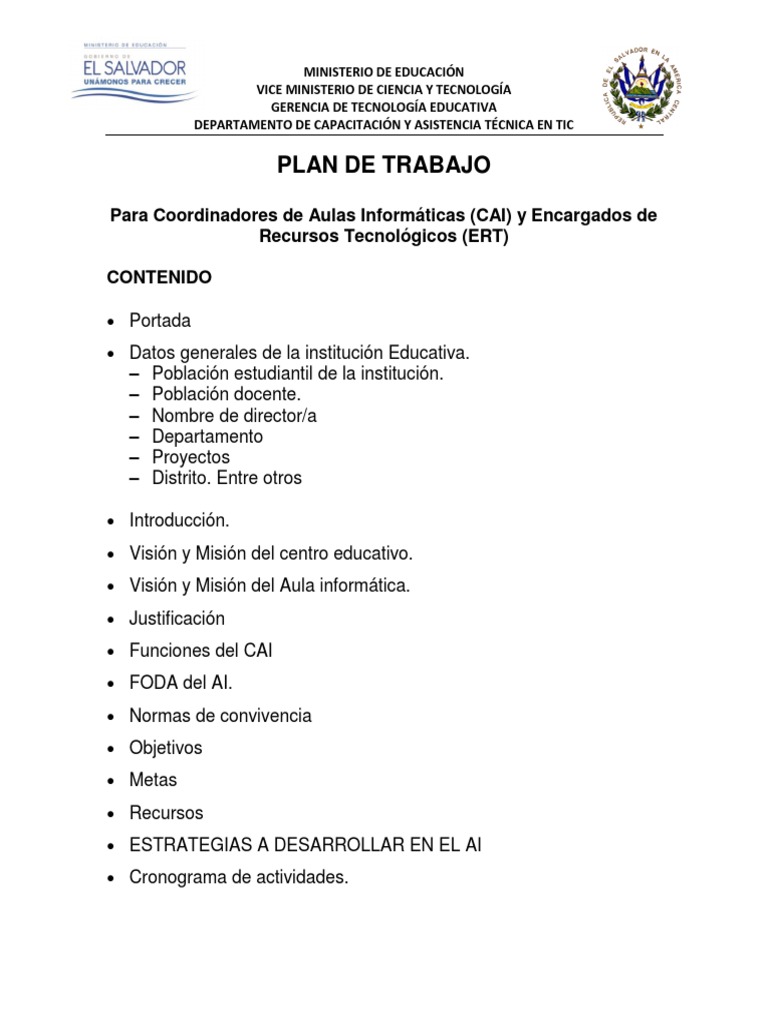 Formato de Plan de Trabajo CAI-ERT | PDF | Tecnologia Educacional | Tecnología de información y ...