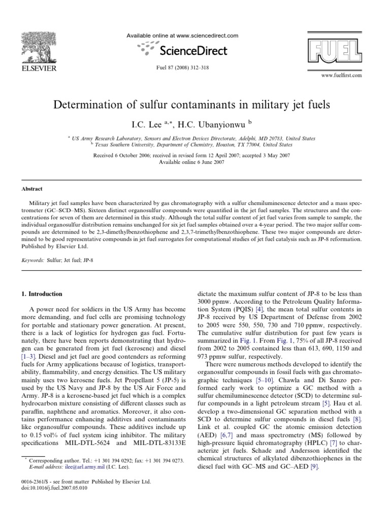Determination of Sulfur Contaminants in Military Jet Fuels: I.C. Lee, H ...
