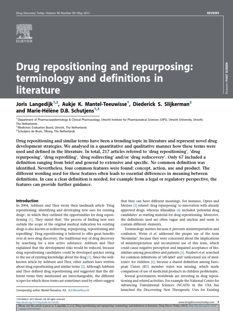 Drug Repositioning and Repurposing: Terminology and Definitions in ...