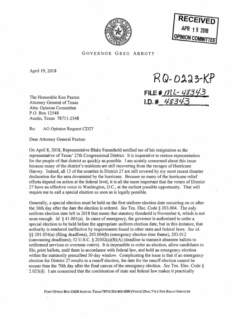 Gov. Abbott's Letter To Attorney General Paxton | PDF | Ken Paxton ...