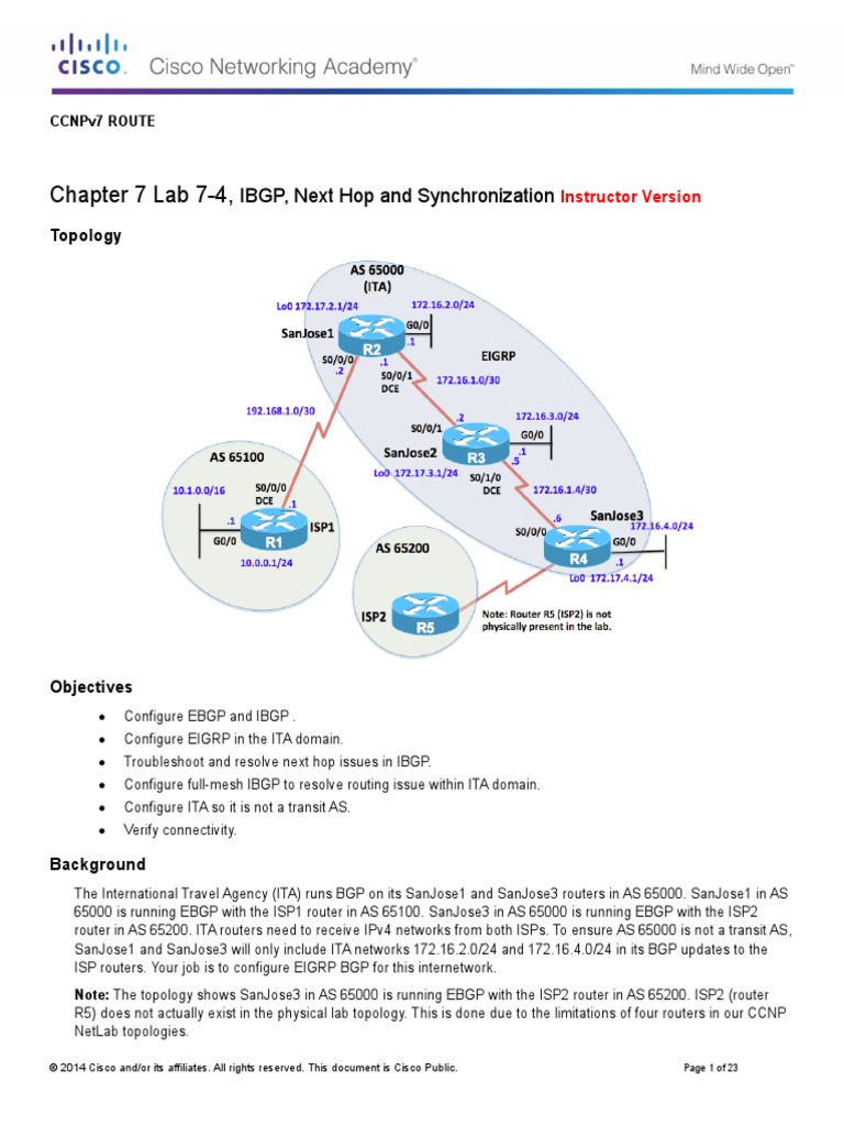 CCNPv7 ROUTE Lab7-4 IBGP-EBGP-Synchronization Instructor | PDF | Router (Computing) | Routing