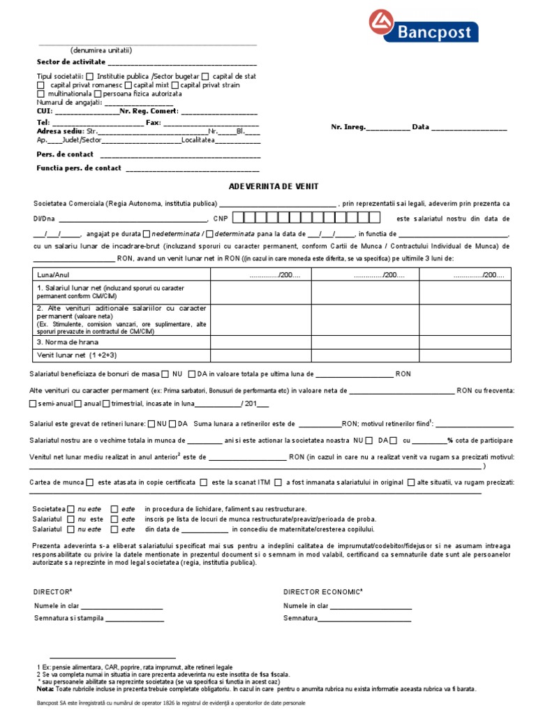 Adeverinta de Venit BP