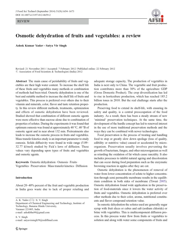 Osmotic Dehydration of Fruits and Vegetables - Review PDF | PDF | Food Preservation | Vegetables