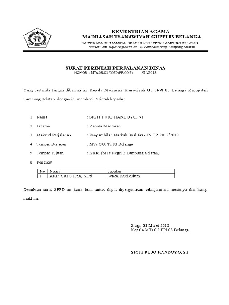 Contoh Surat Perintah Perjalanan Dinas | PDF