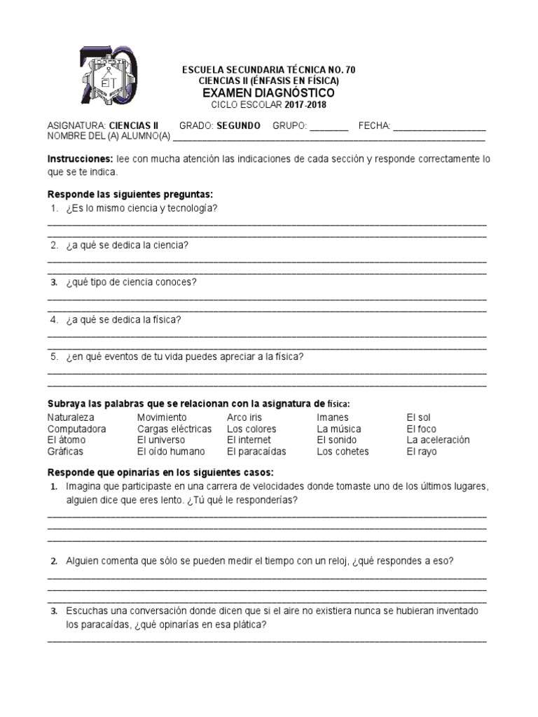 Examen Diagnostico Ciencias2 | Educación Secundaria | Science