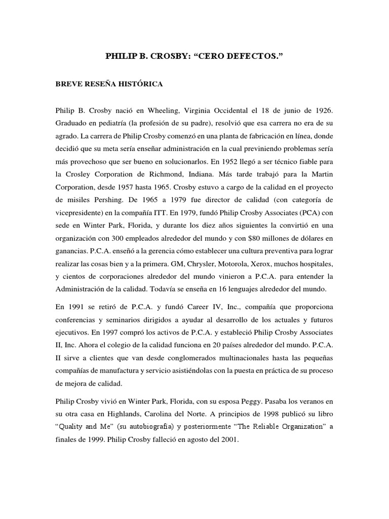 Cero Defectos: La filosofía de Philip B. Crosby | PDF | Calidad ...