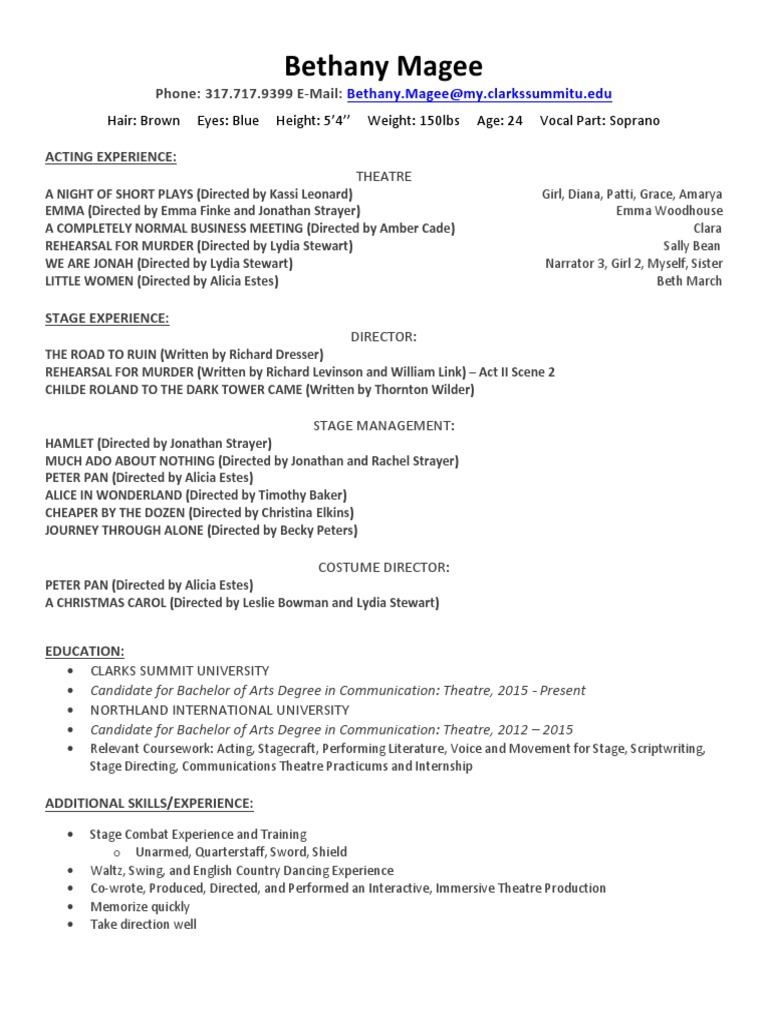 Theatre Resume: Bethany Magee | PDF | Art
