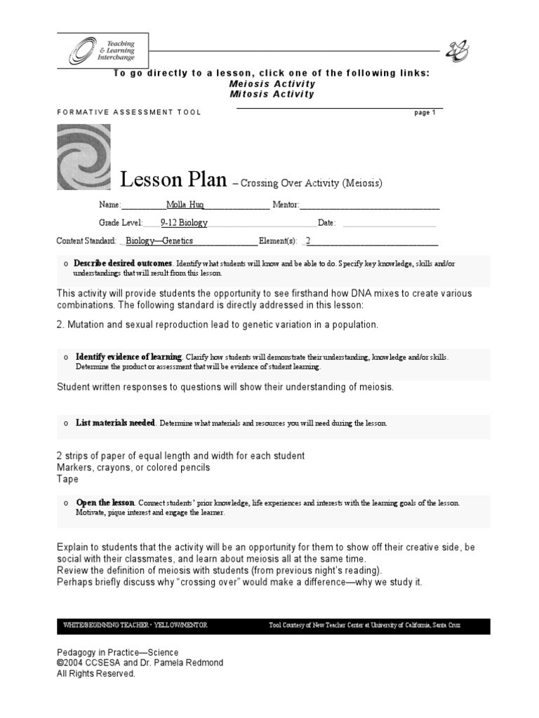 Lesson Plan: - Crossing Over Activity (Meiosis) | PDF | Lesson Plan ...