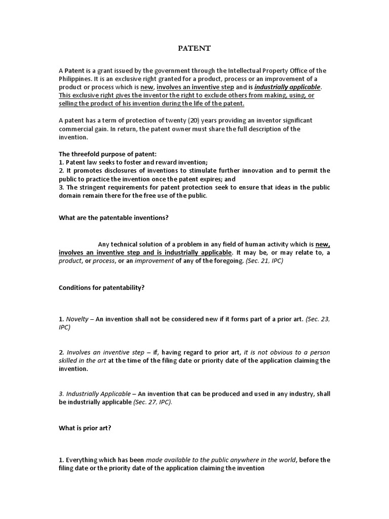 Patent: The Threefold Purpose of Patent | PDF | Patent Application | Glossary Of Patent Law Terms