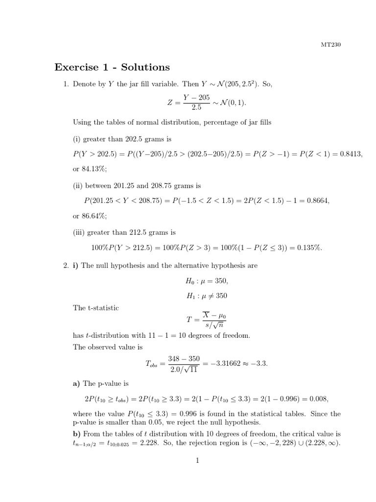 MT230 Exercise Solutions | PDF | P Value | Confidence Interval