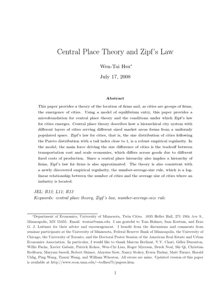 Central Place Theory and Zipf's Law: Wen-Tai Hsu July 17, 2008 | PDF ...