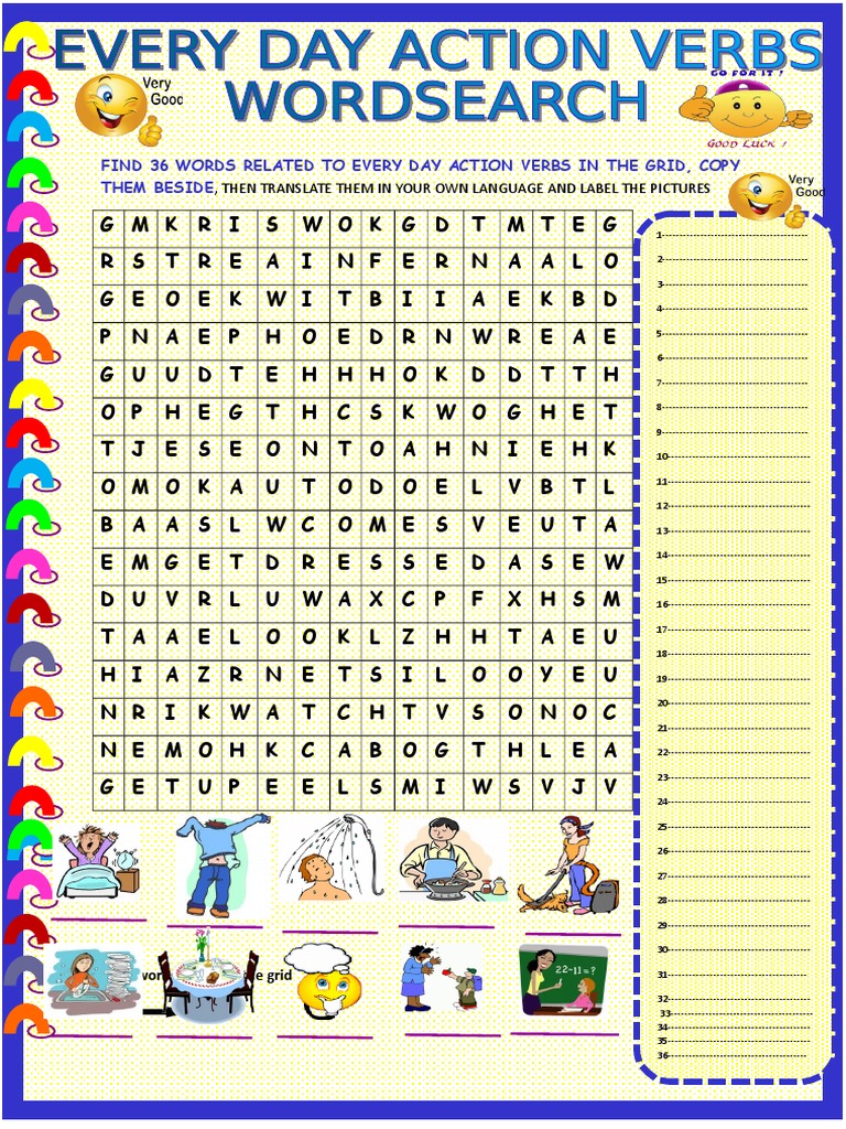 Every Day Action Verbs Wordsearch Wordsearches 78989 | PDF | Word ...