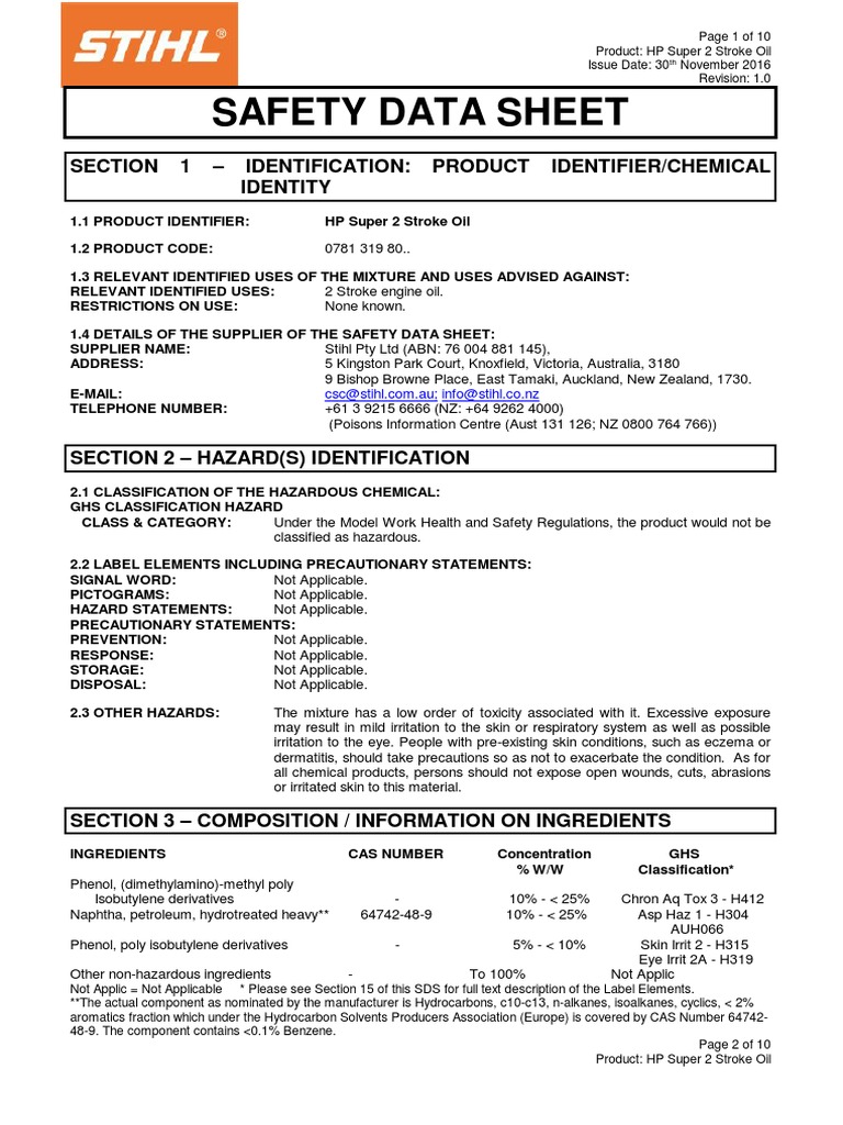 HP Super 2 Stroke Oil Rev 1.0 1116 | PDF | Dangerous Goods | Toxicity